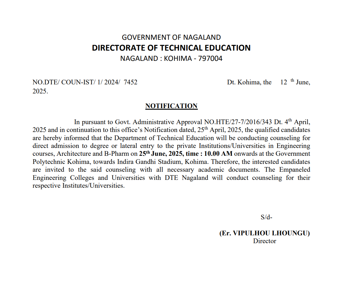 Notification Technical education | DIPR Nagaland-Department of Information & Public Relations ...